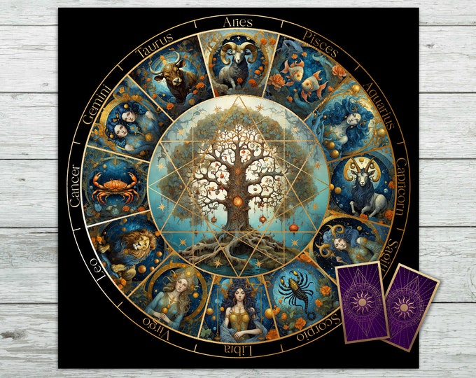 Tarot Altar Cloth With Zodiac Signs, Calendar Tree of Life. Celestial ...