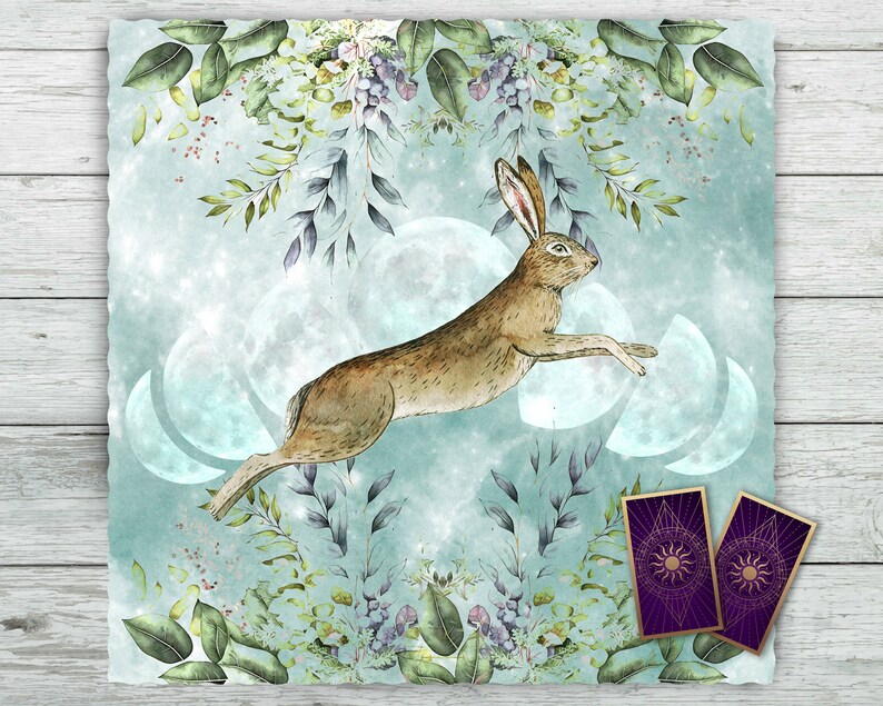 Tarot Altar Cloth With Moon Hare and Flowers. Spring Ostara - Etsy
