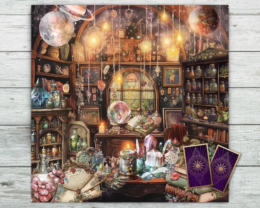 Tarot Altar Cloth. Witch Library With Apothecary Herbs. Crystals and ...
