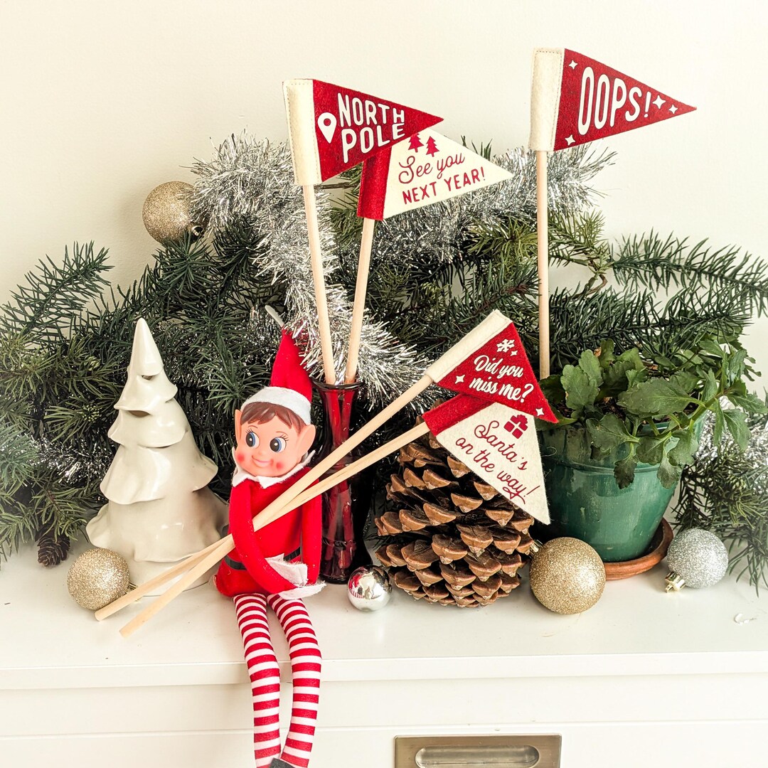 Elf Sized Tiny Felt Flags: Set of 5 Pennants for Christmas Shelf Decor ...