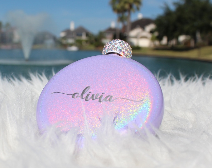 Round Bling Flask Engraved Personalized Glitter Rhinestone- Fancy-bride ...