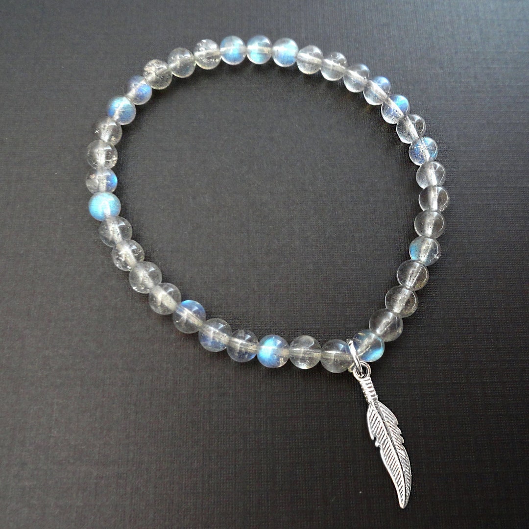 Natural Blue Flash Labradorite Bracelet, Silver Feather Drop Charm ...