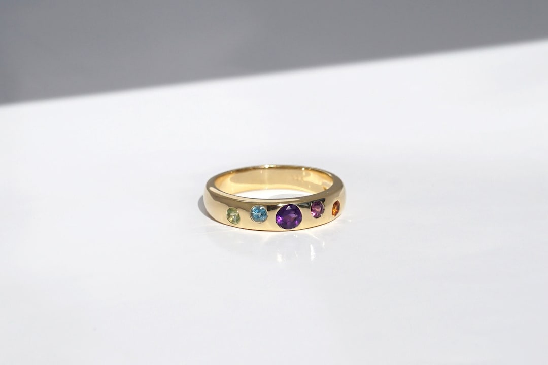 18k Vermeil Gold Gem Ring, Rainbow Gem Ring, Multi Gem Gold Band Ring ...