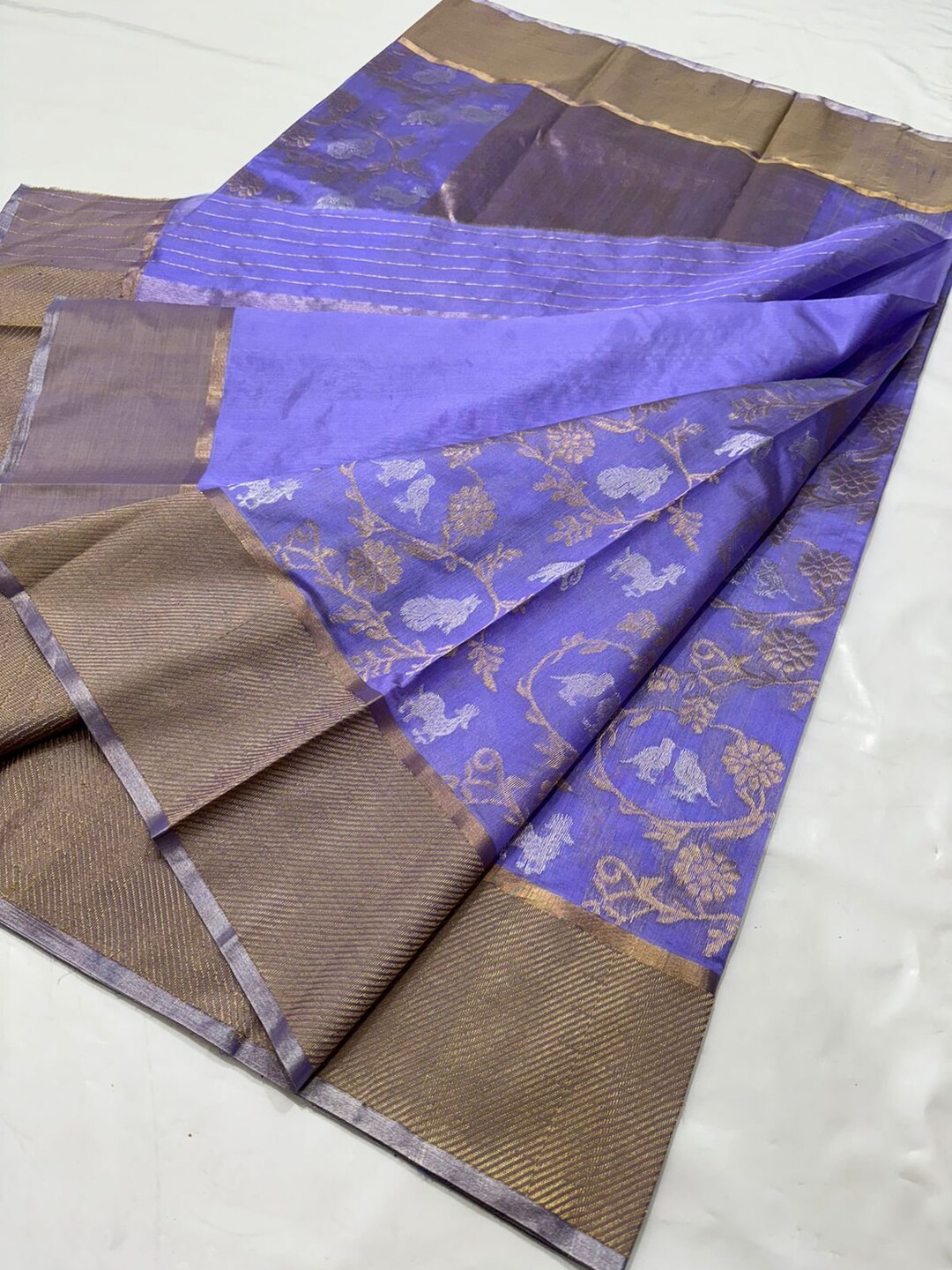 Lavender Chanderi Handloom Pure Pattu Silk Copper and Silver Zari ...