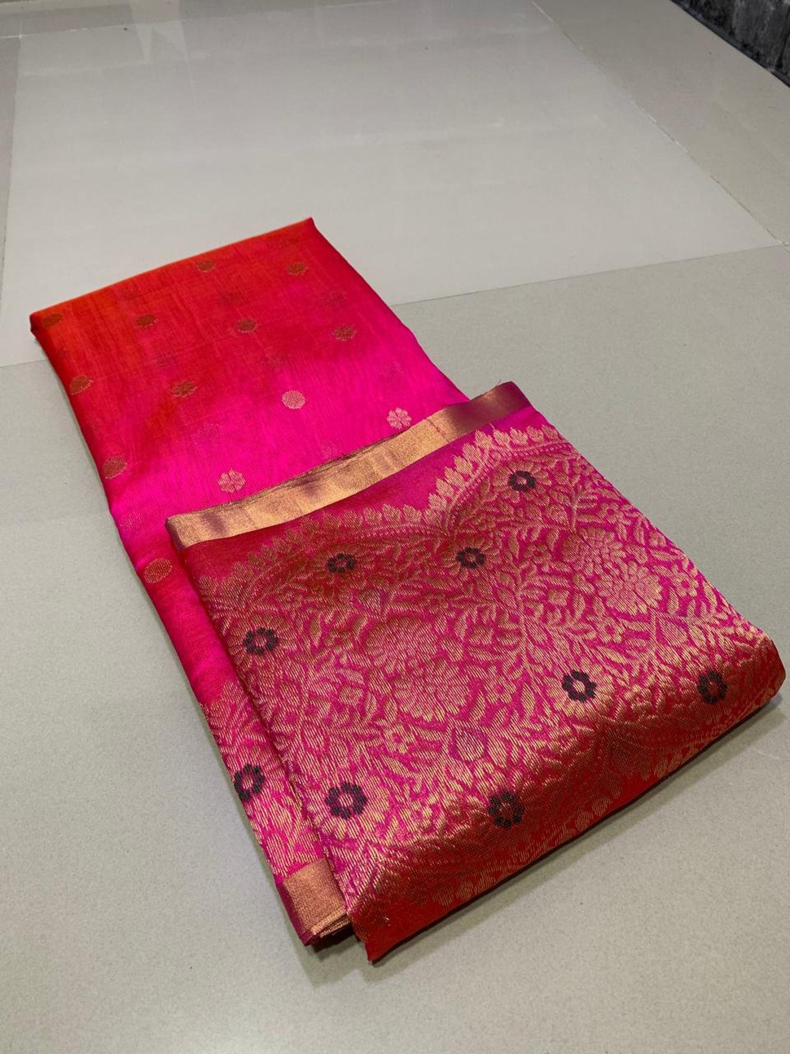 Hot Pink Chanderi Handloom Pure Pattu Silk Gold Zari Meenakari Handwork ...