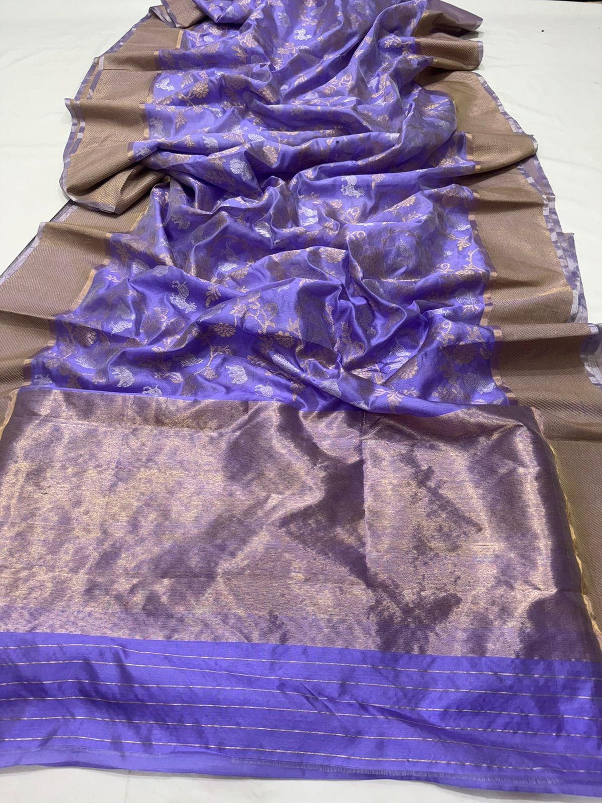 Lavender Chanderi Handloom Pure Pattu Silk Copper and Silver Zari ...