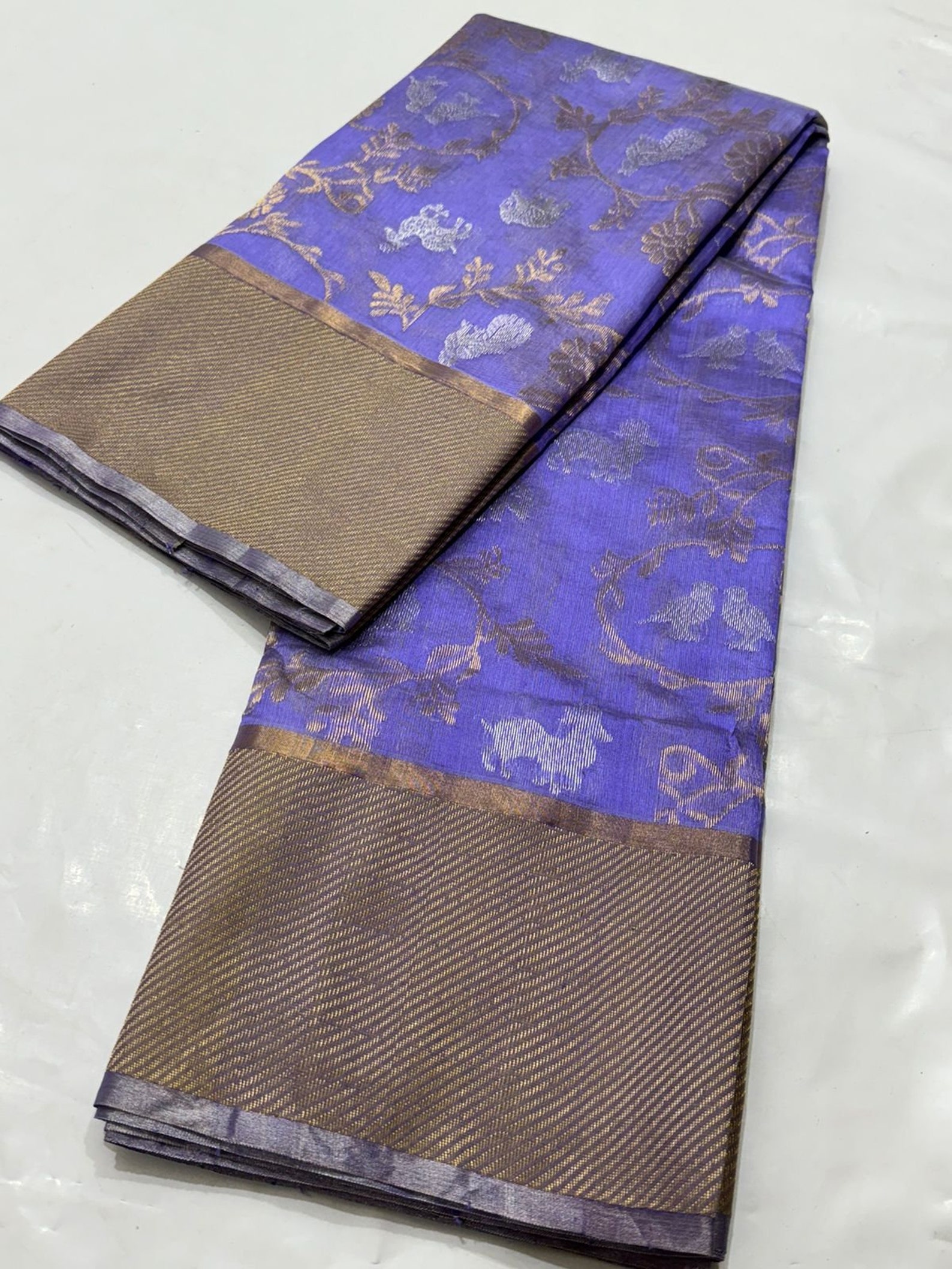 Lavender Chanderi Handloom Pure Pattu Silk Copper and Silver Zari ...