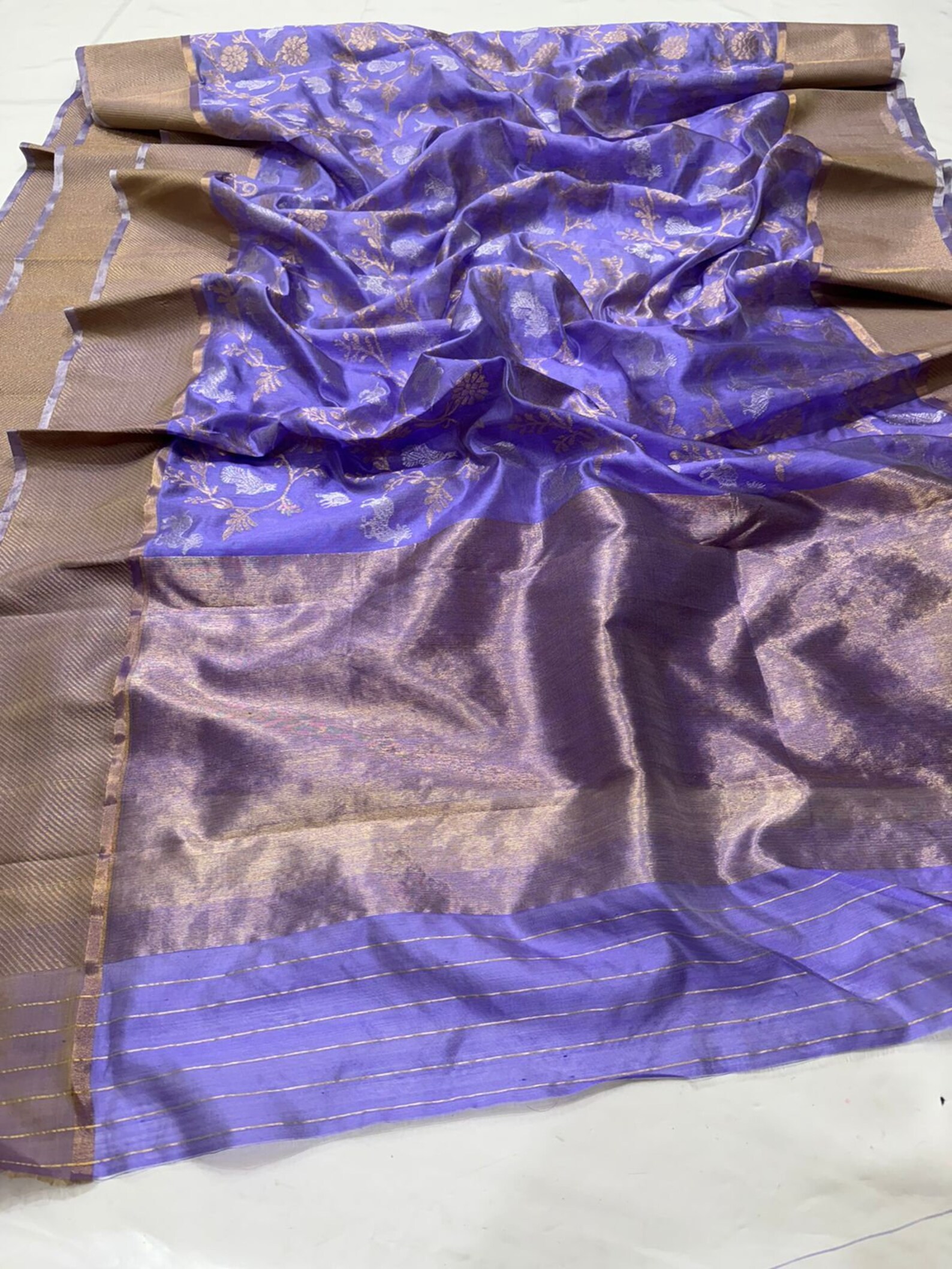 Lavender Chanderi Handloom Pure Pattu Silk Copper and Silver Zari ...