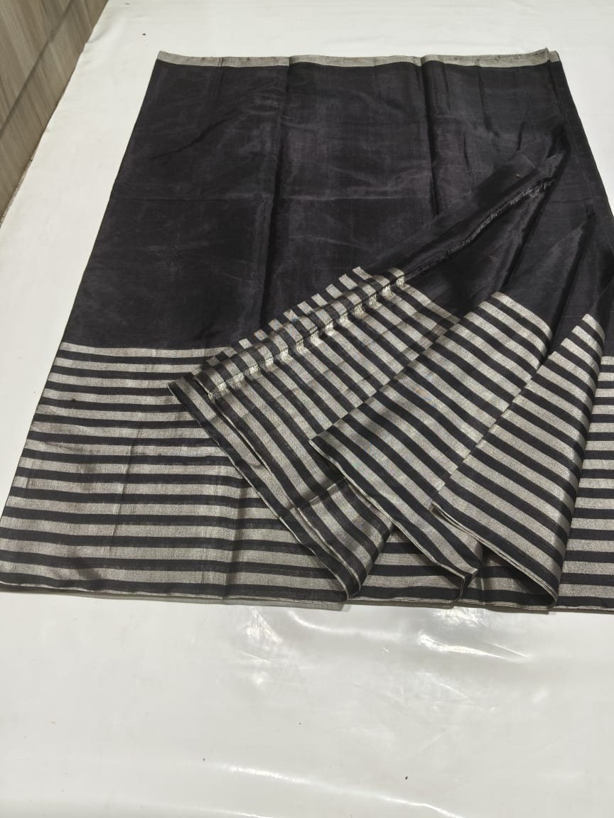 Metallic Silver & Black Chanderi Handloom Horizontally Striped Pure ...