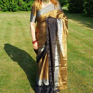 Metallic Gold, Silver & Black Chanderi Handloom Horizontally Sectioned ...