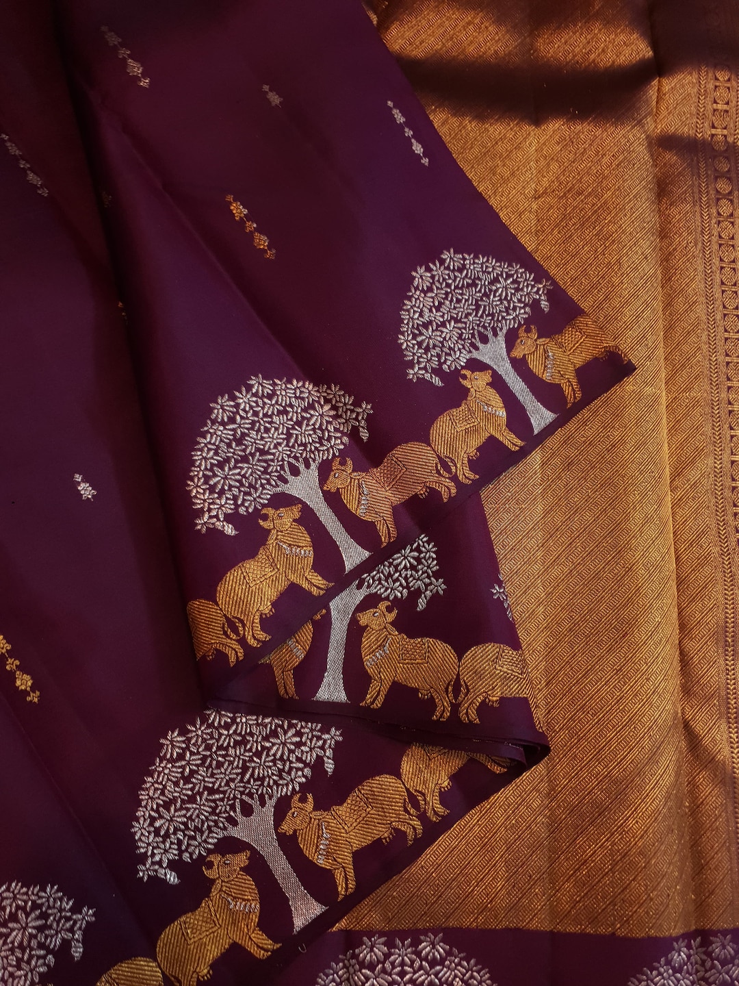 Kanchipuram Handloom Cow/tree/butta 2 Gram Pure Gold and Silver Zari ...