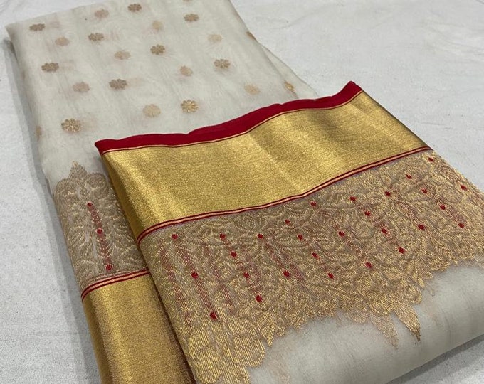 Pearl White Chanderi Handloom Pure Katan Silk Gold Zari Handwork ...
