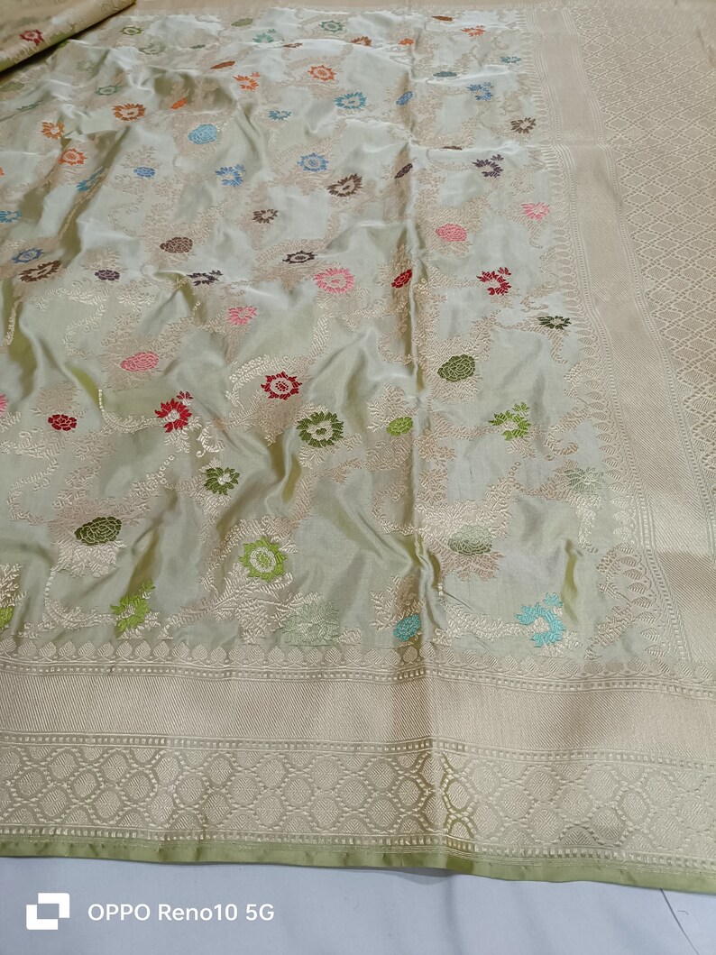 Pastel Pista Green Banarasi Handloom Pure Katan Silk Kaduwa Meenakari ...