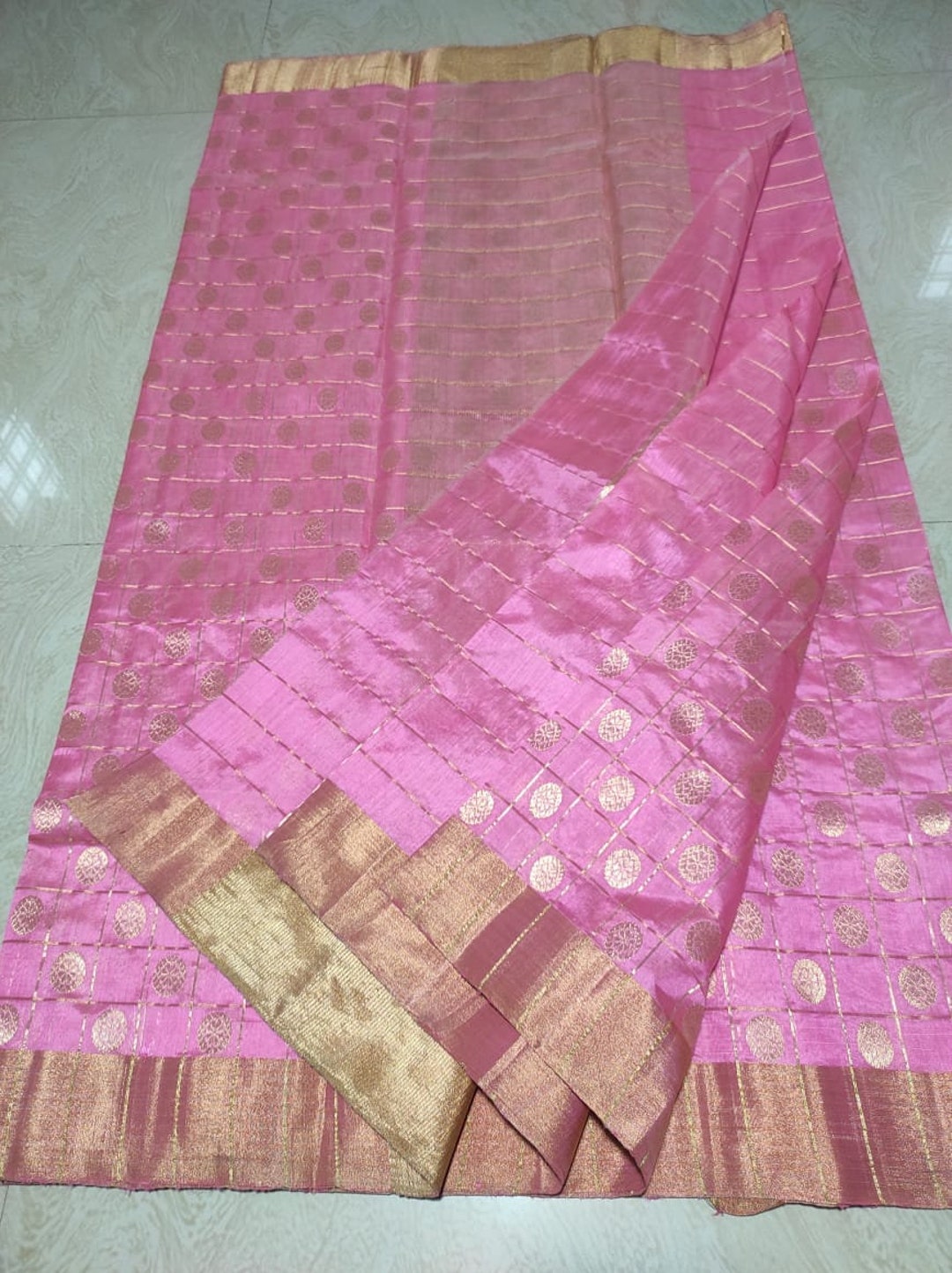 Chanderi Handloom Gold Zari Checks and Buttas Jaal Pure Pattu Silk ...