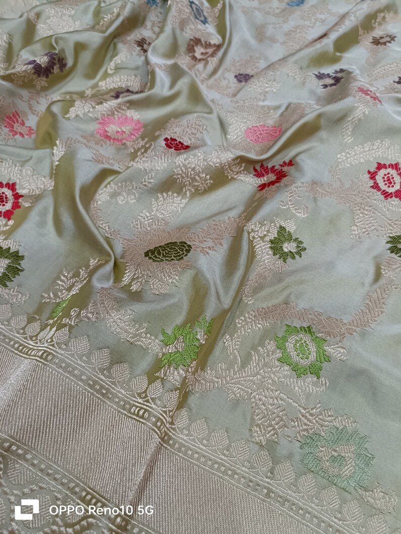 Pastel Pista Green Banarasi Handloom Pure Katan Silk Kaduwa Meenakari ...