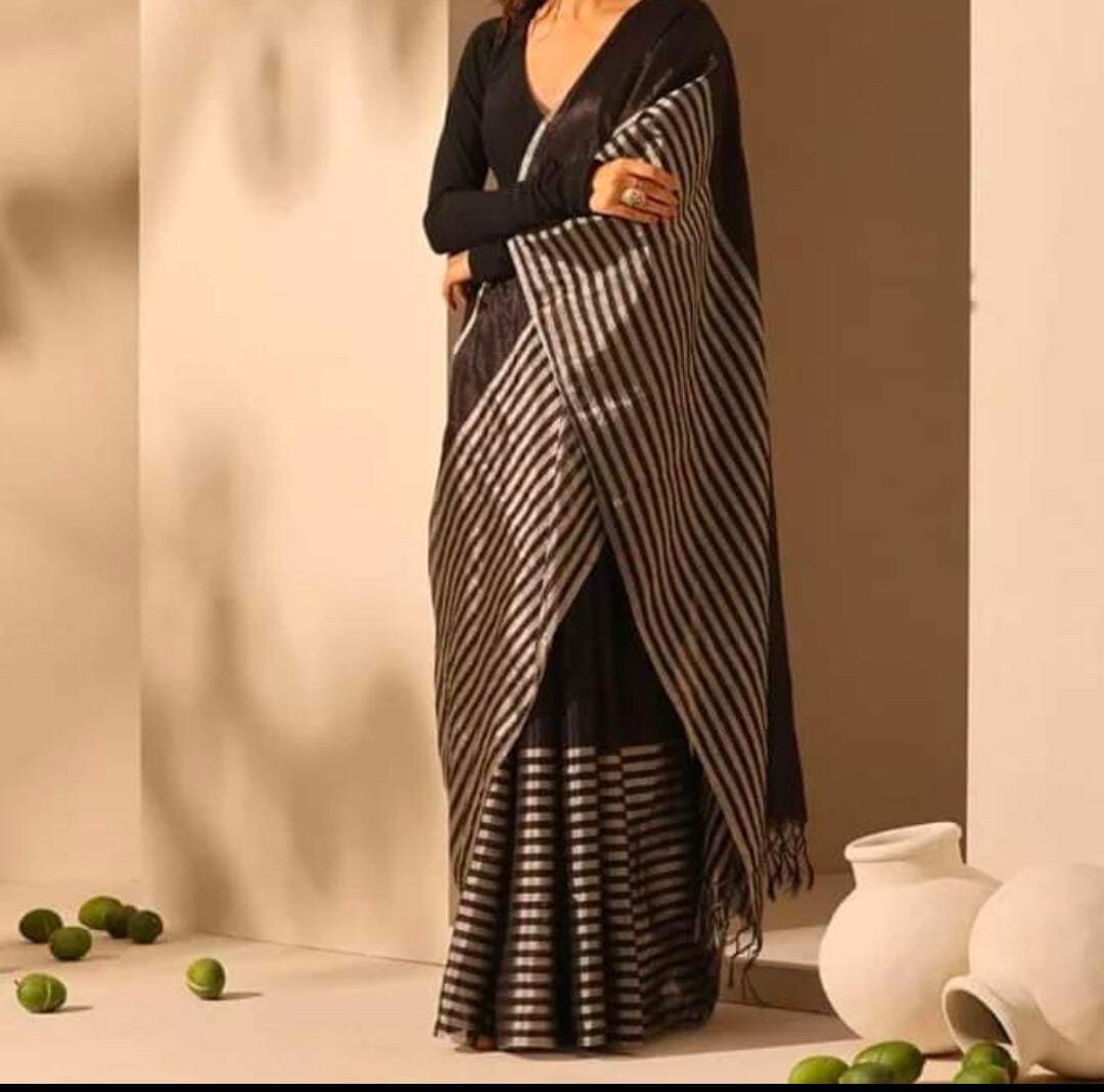 Metallic Silver & Black Chanderi Handloom Horizontally Striped Pure ...