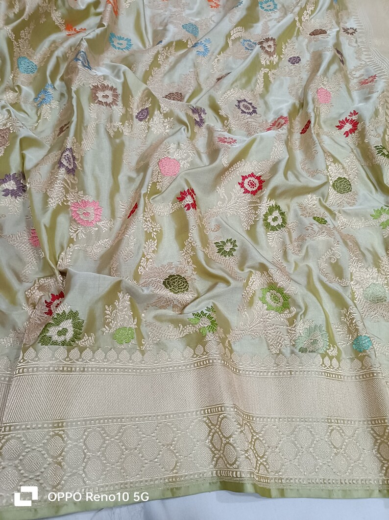 Pastel Pista Green Banarasi Handloom Pure Katan Silk Kaduwa Meenakari ...