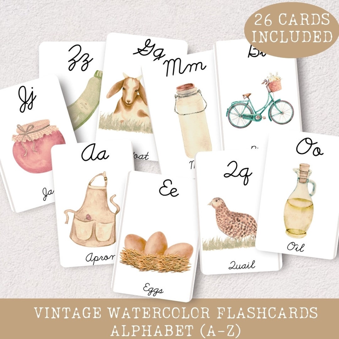 Cursive Vintage Watercolor Alphabet Flashcards ABC Learning Kids ...