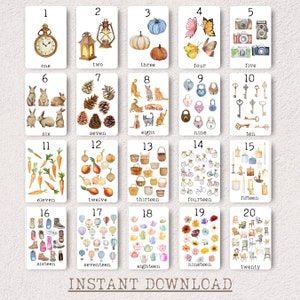 Vintage Watercolor Counting Numbers 1-20 Flashcards, Kids Preschool ...