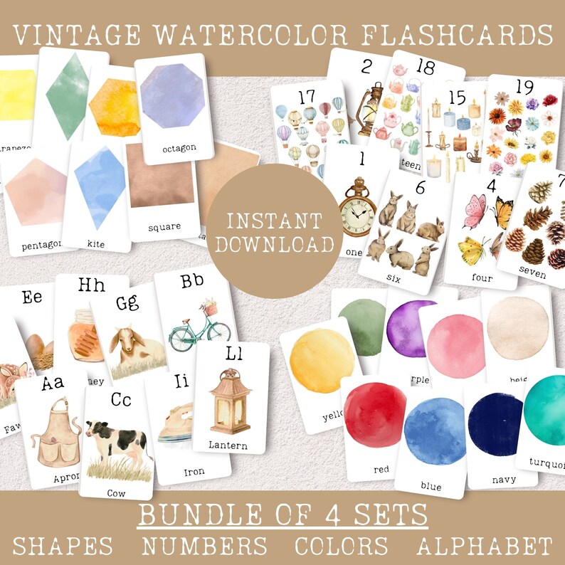 BUNDLE Vintage Watercolor Alphabet Counting Colors Shapes Flashcards ...