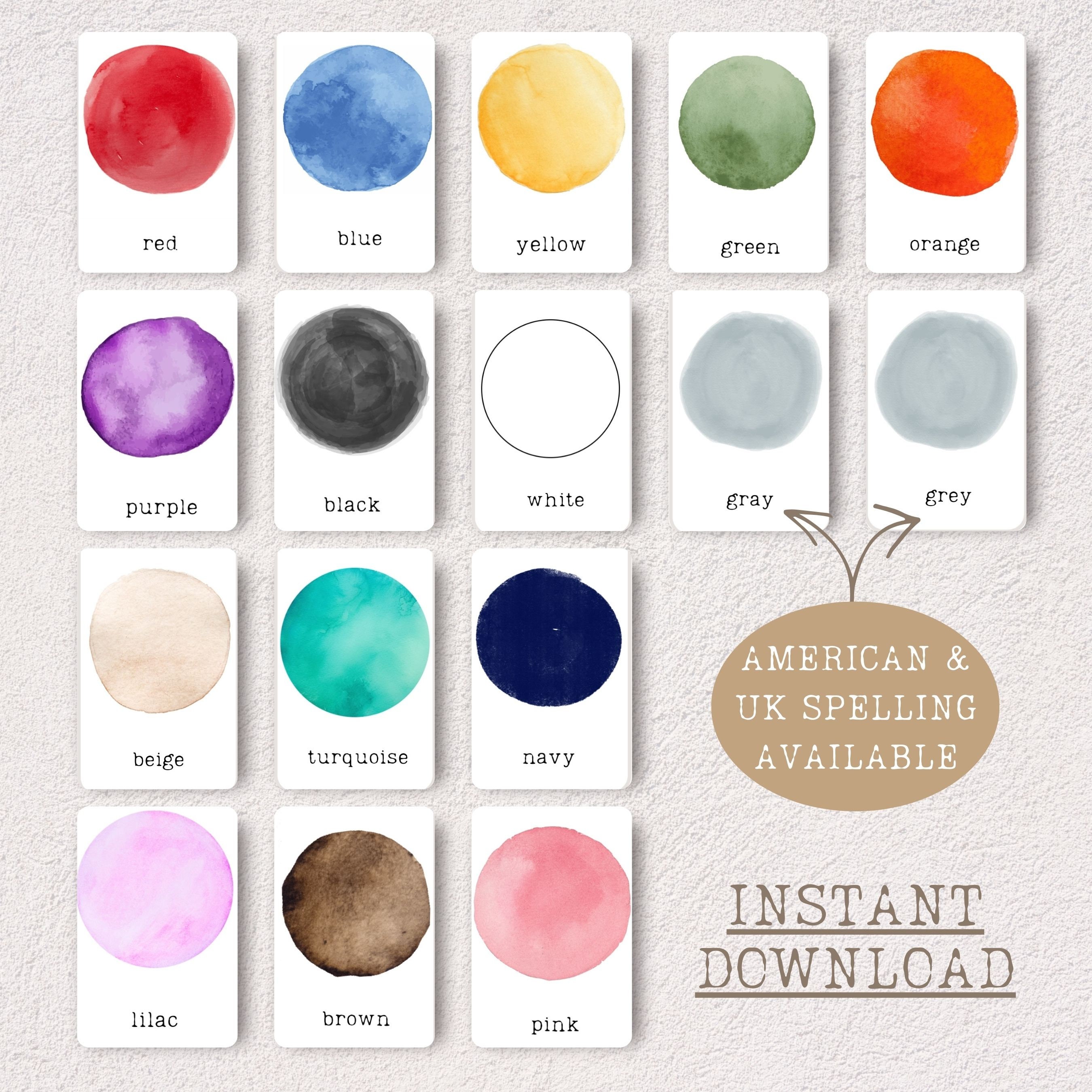 Vintage Watercolor Color Learning Flashcards, Kids Preschool Homeschool ...