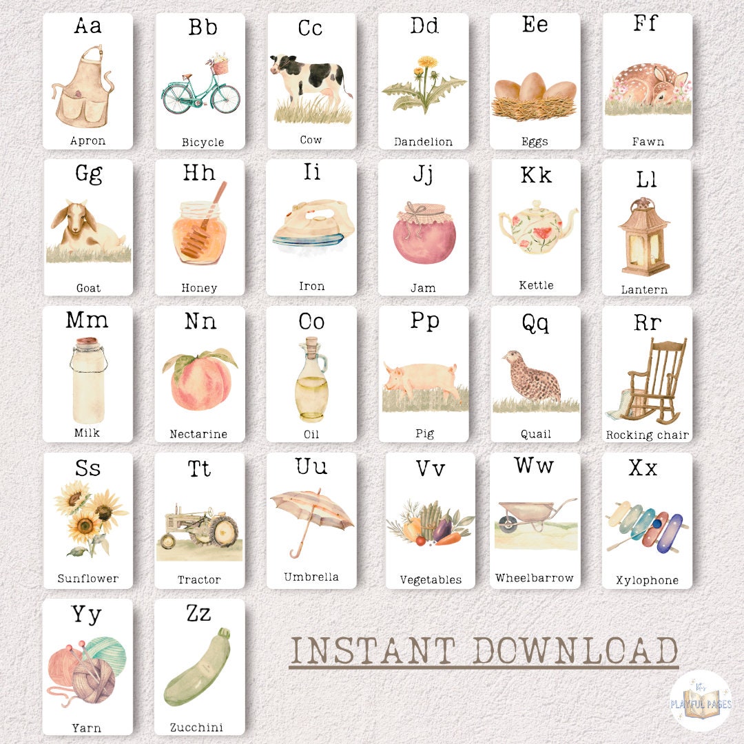 Vintage Watercolor Alphabet Flashcards ABC Learning Kids - Etsy Canada