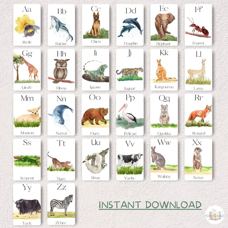 FRENCH Watercolor Animal Alphabet Flashcards ABC Learning - Etsy