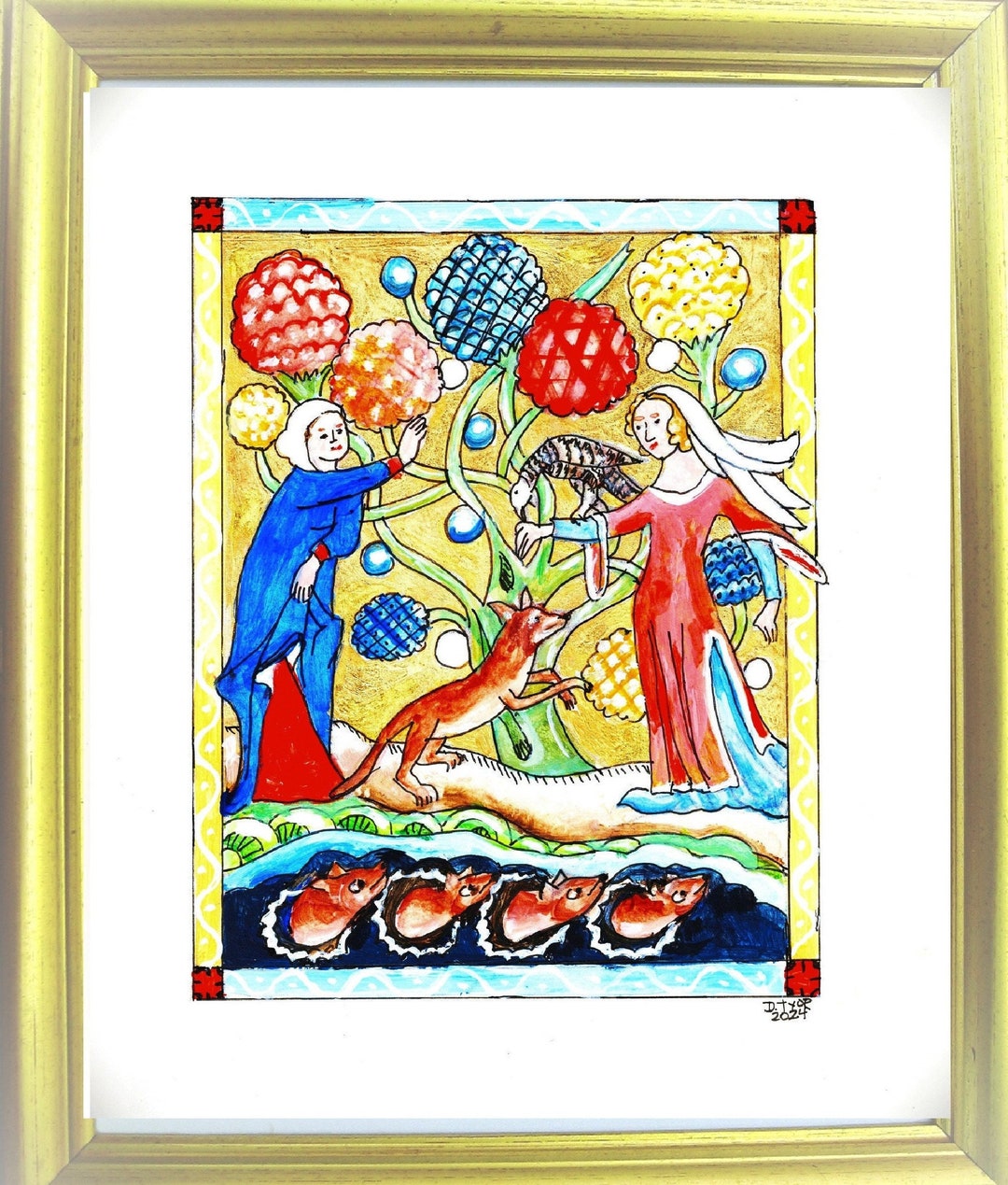 Ladies in the Forest With Foxes Framed Original Hand-painted Medieval ...