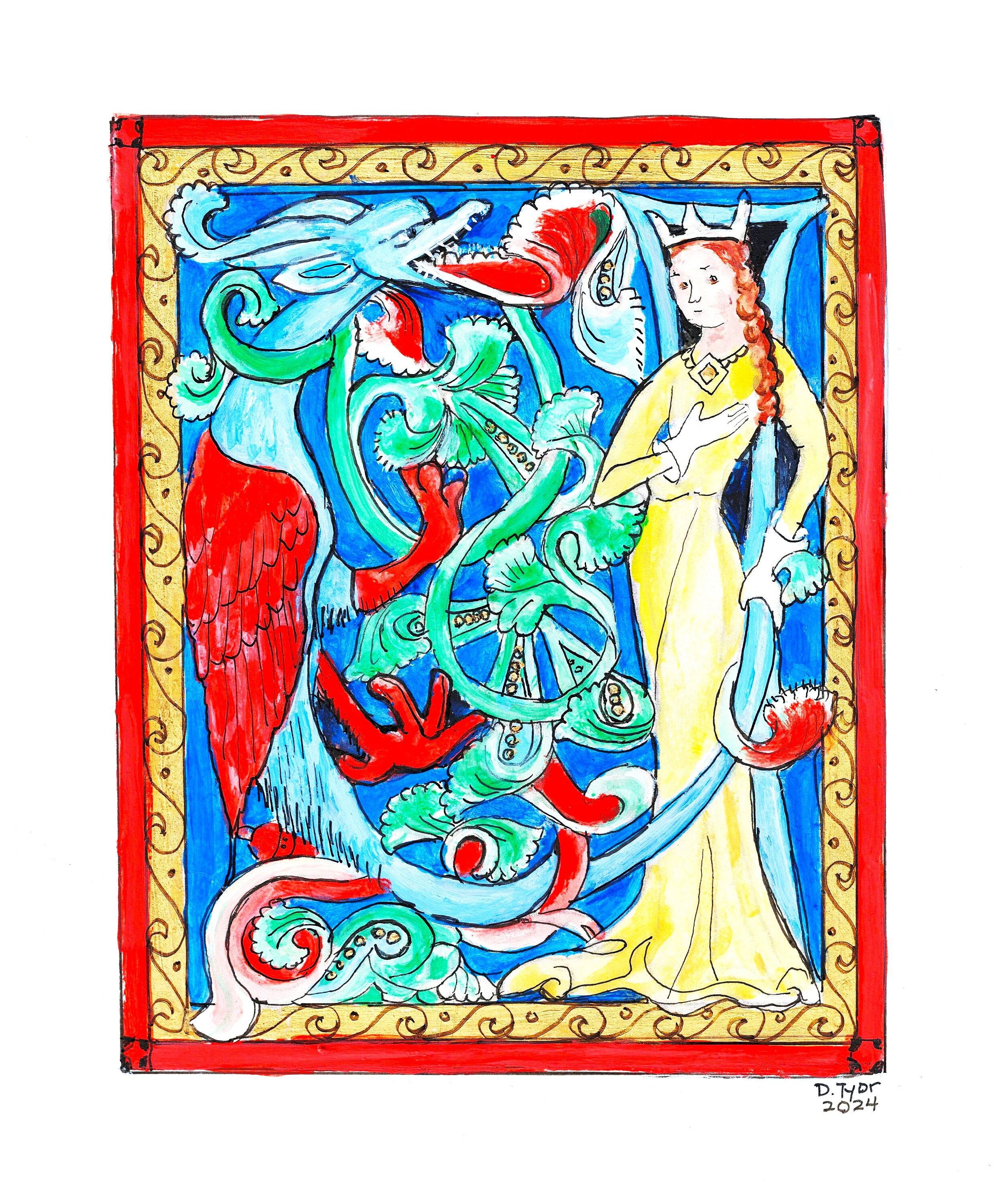 The Dragon and the Lady Framed Original Hand-painted Medieval Miniature ...