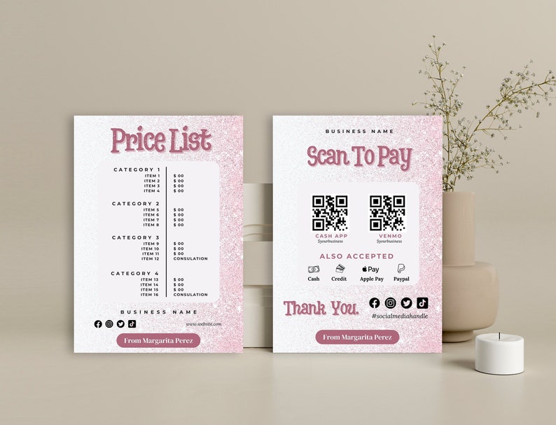 Glitter Scan to Pay & Price List QR Code Template Printable - Etsy