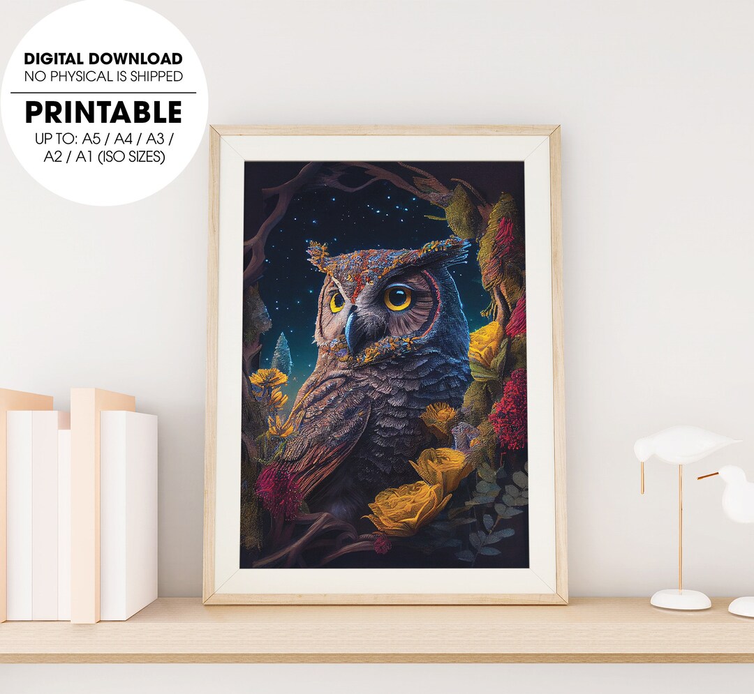 The Owl With Yellow Eyes in Magical Forest Poster, Colorful Owl in the ...