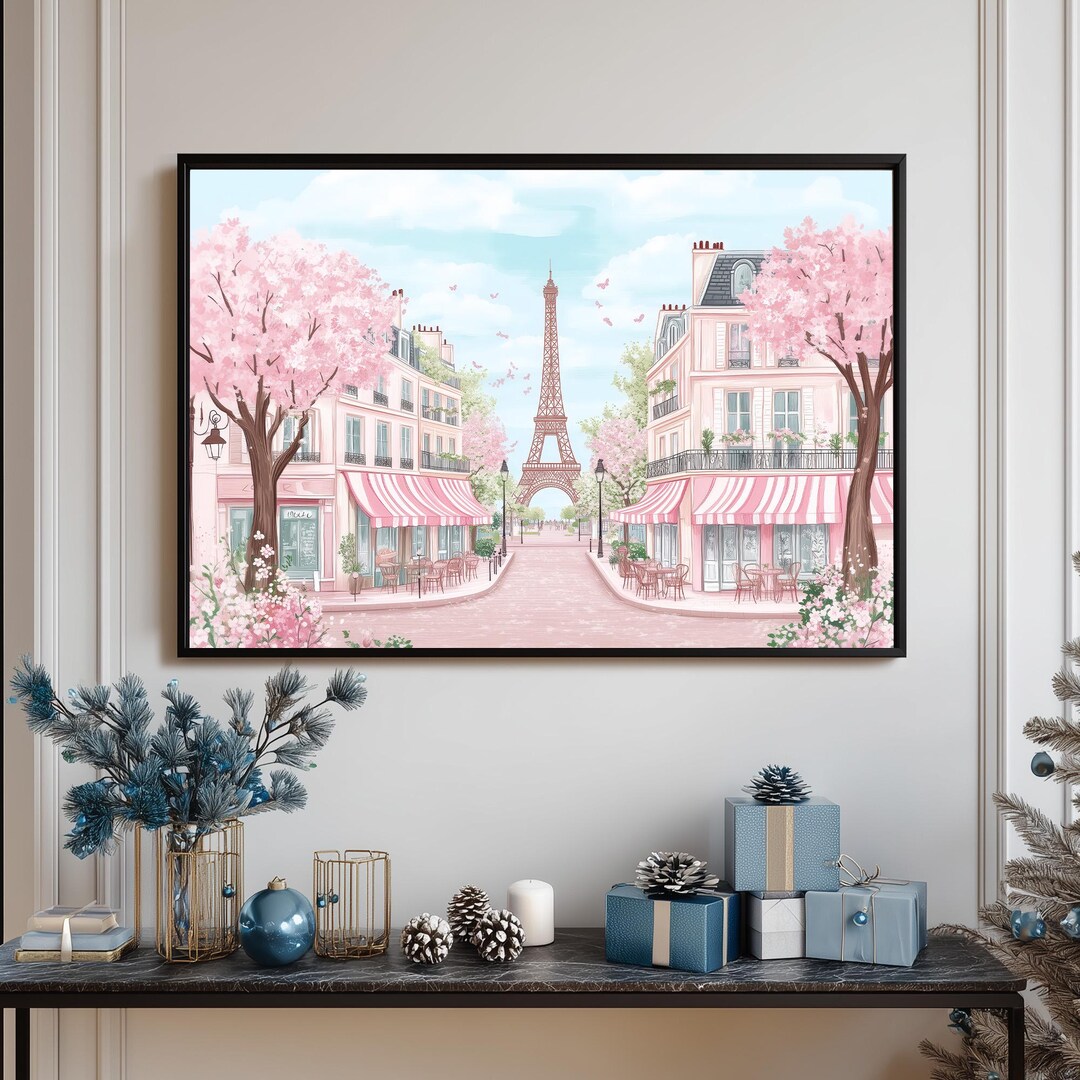 Romantic Pink Paris Cafe Scene With Eiffel Tower and Sakura Trees ...