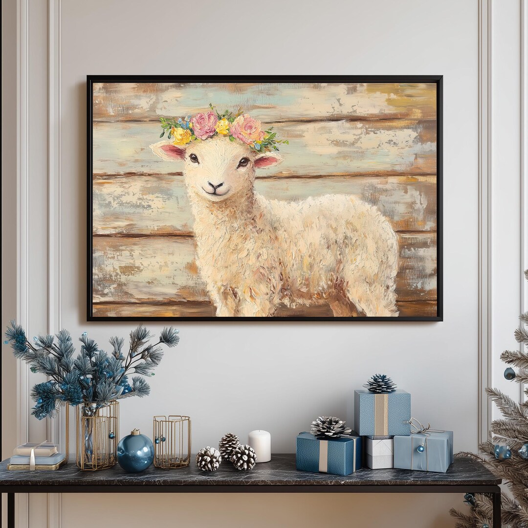Charming Rustic Farmhouse Lamb Art Featuring A Sweet Floral Crown and ...