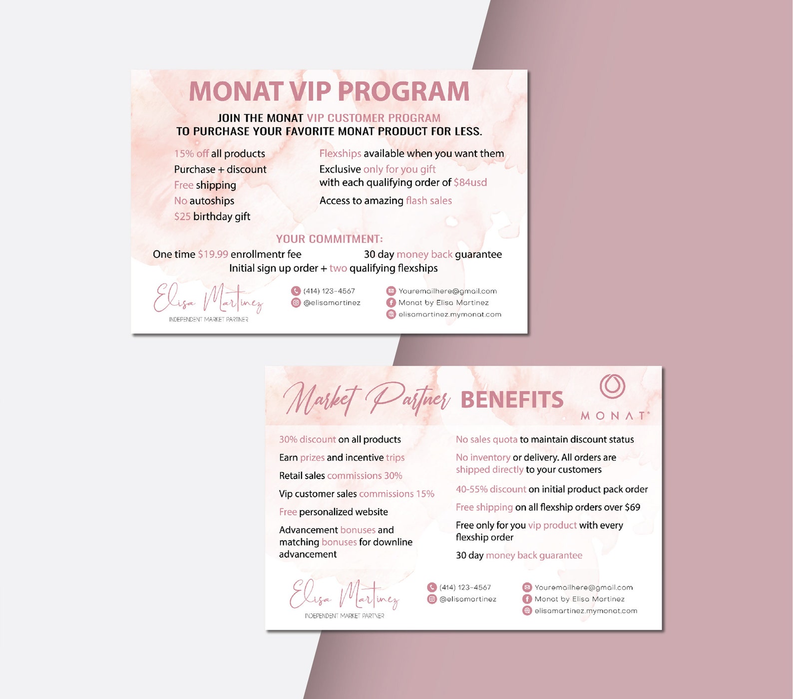 Pink Watercolor Monat Card, Personalized Monat Business Card, Modern ...