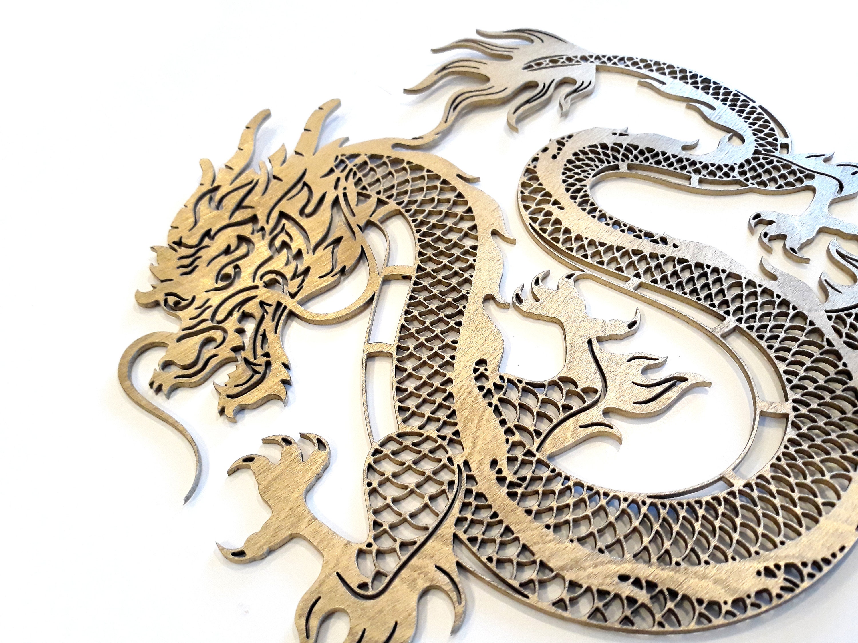 Laser cut dragon Large Wood wall art decoration Gold | Etsy