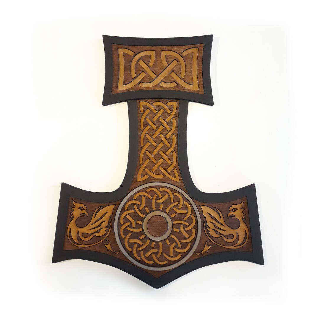 Mjolnir Wood Wall Art Large Laser Cut Decoration Thor Hammer Norse ...