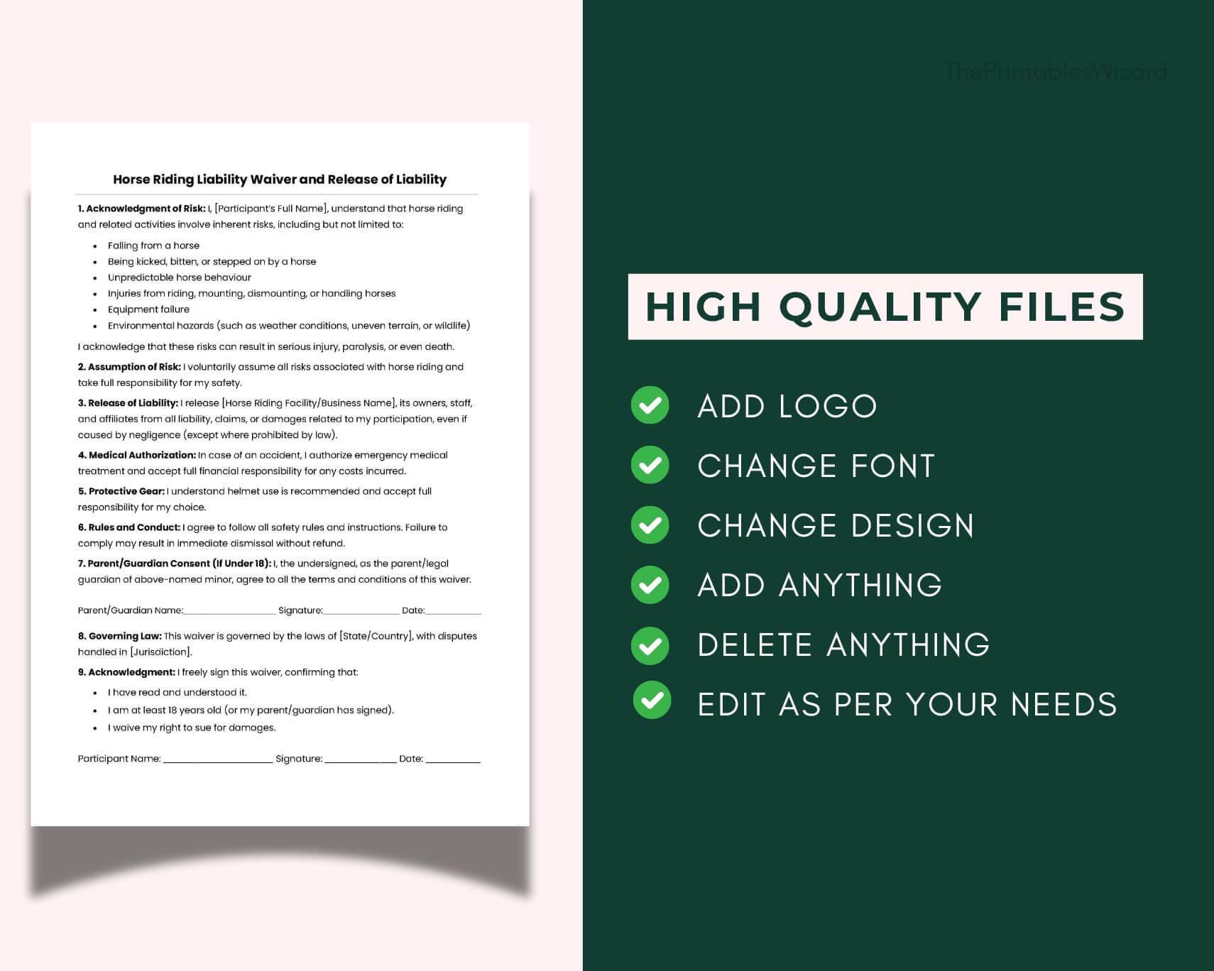 Editable Horse Riding Release Template, Equestrian & Equine Liability ...