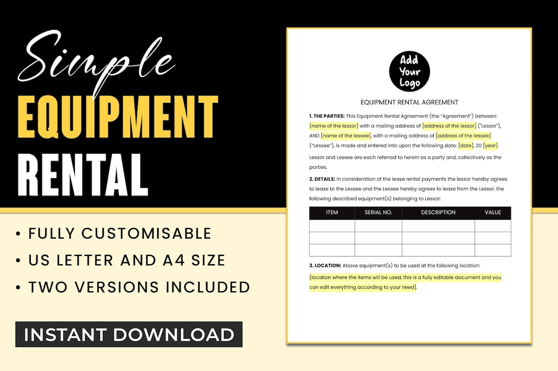 Equipment Rental Agreement Template - Etsy