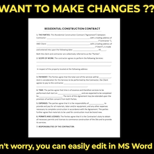 Residential Construction Contract Template. Printable PDF / Editable ...