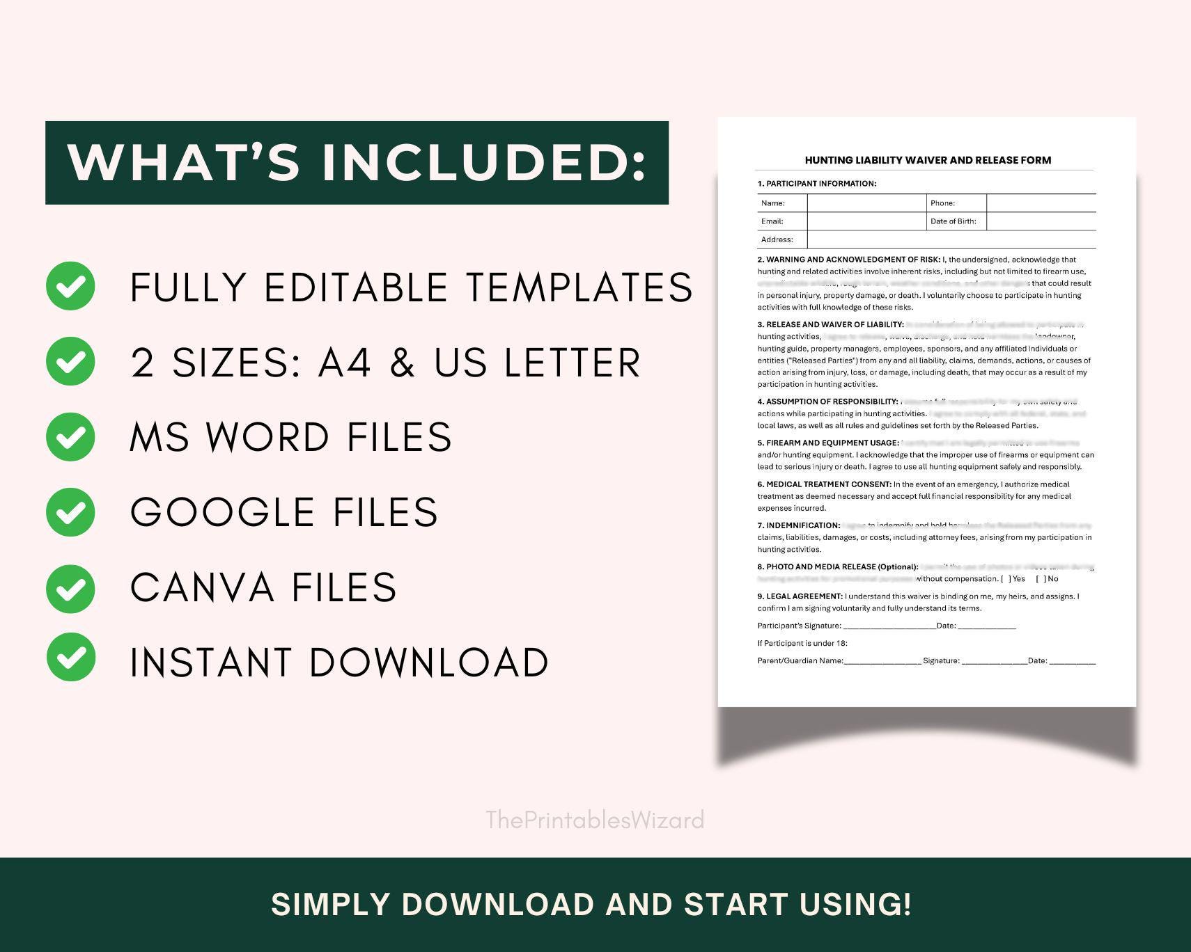 Editable Hunting Liability Waiver and Release Template, Hunt Club ...