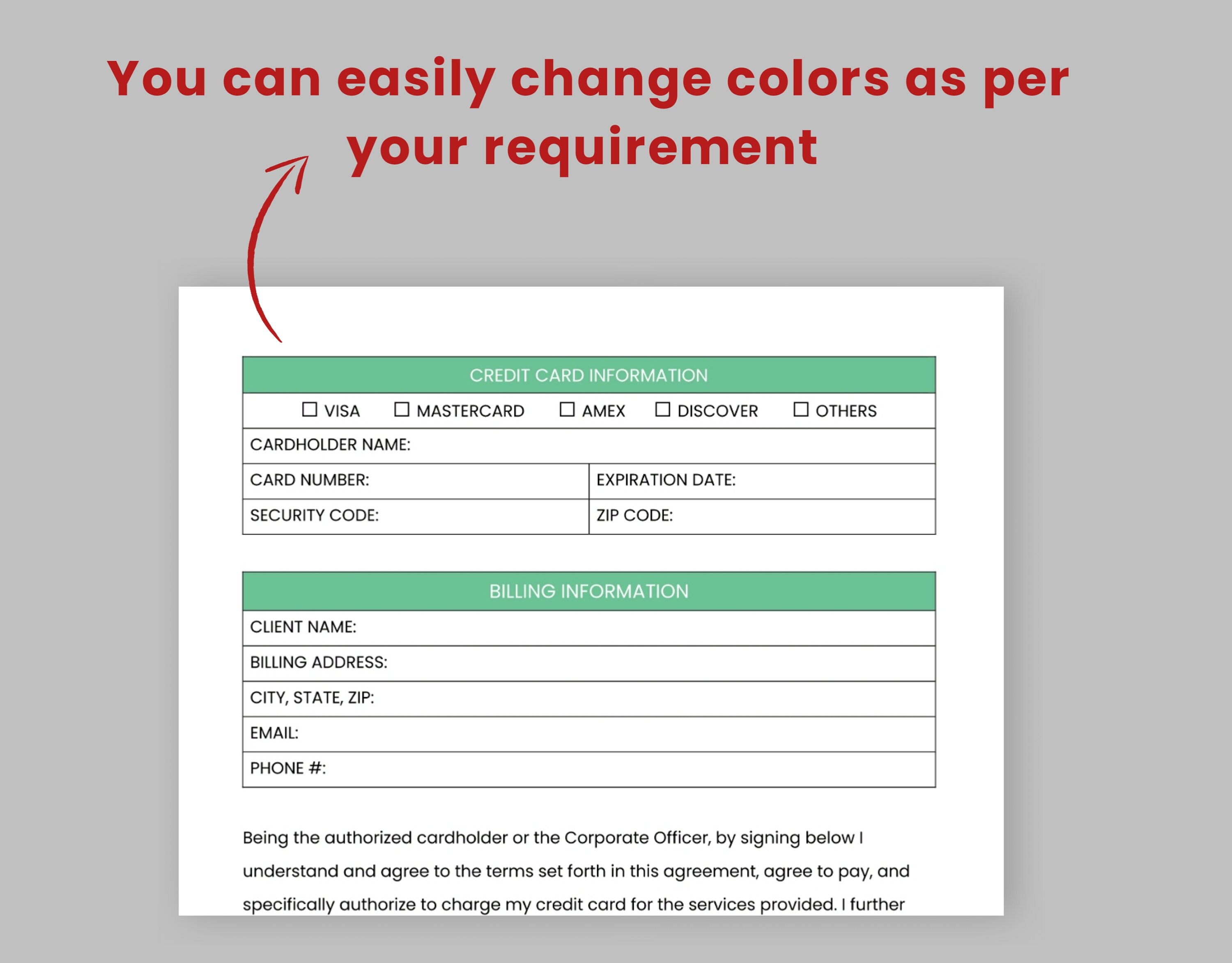 Credit Card on File Authorization Form - Editable Template for ...