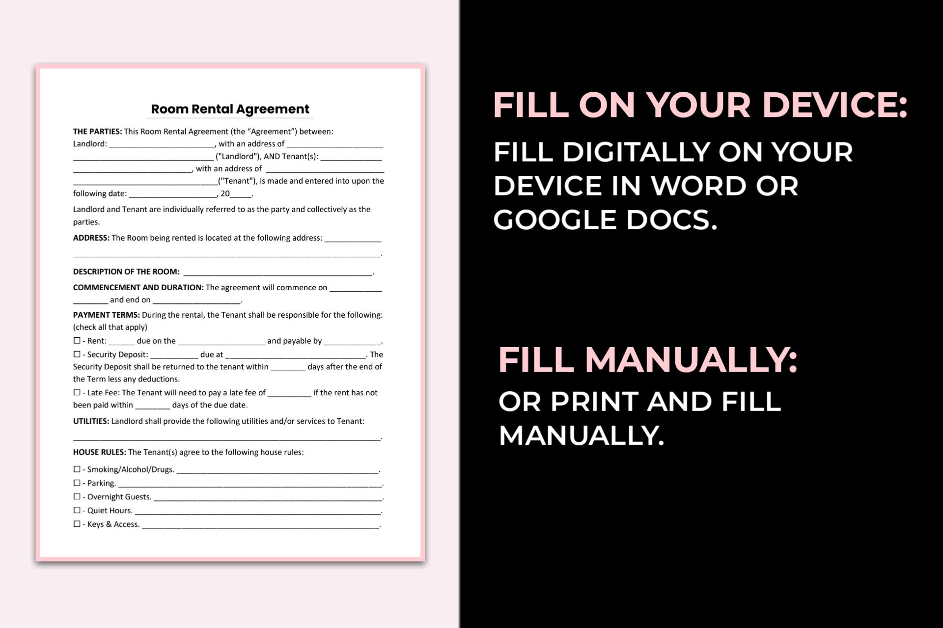 Room Rental Agreement Template. PDF Form, Word Document and Google Doc ...