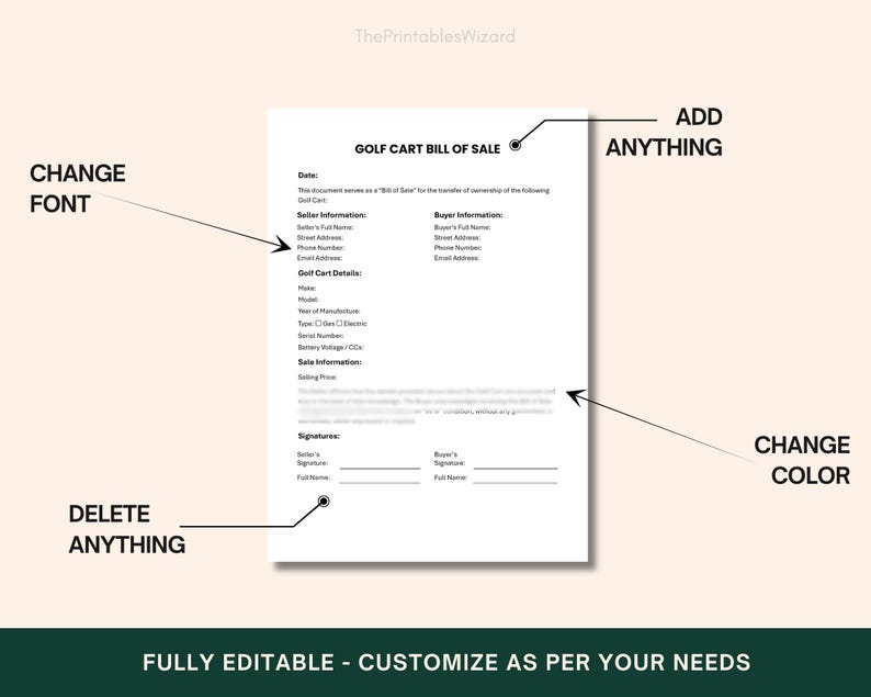 Editable Golf Cart Bill of Sale Template | Printable PDF & Word | Easy ...
