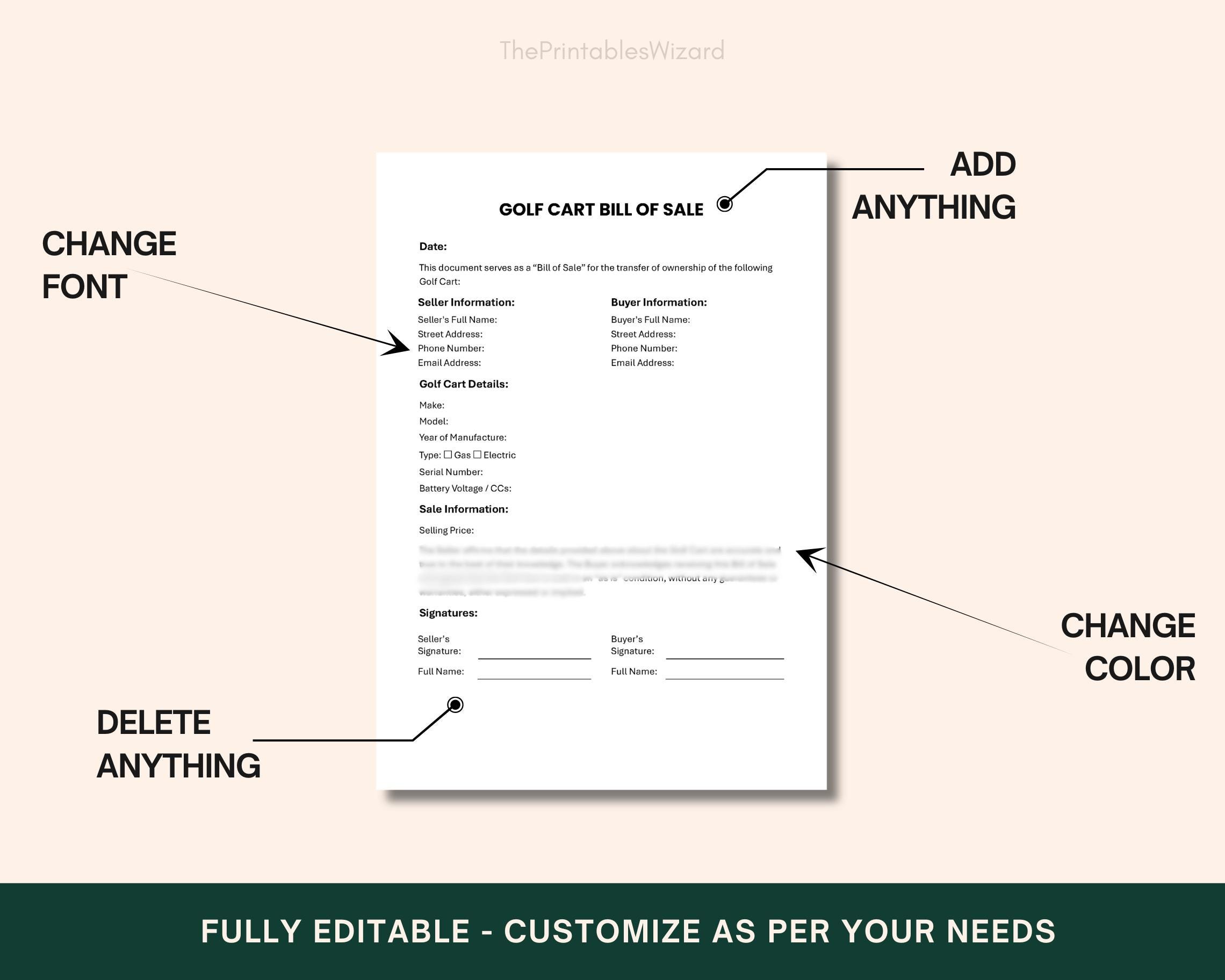 Editable Golf Cart Bill of Sale Template | Printable PDF & Word | Easy ...