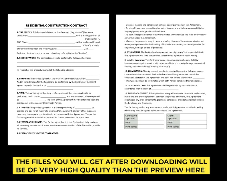 Residential Construction Contract Template. Printable PDF / Editable ...