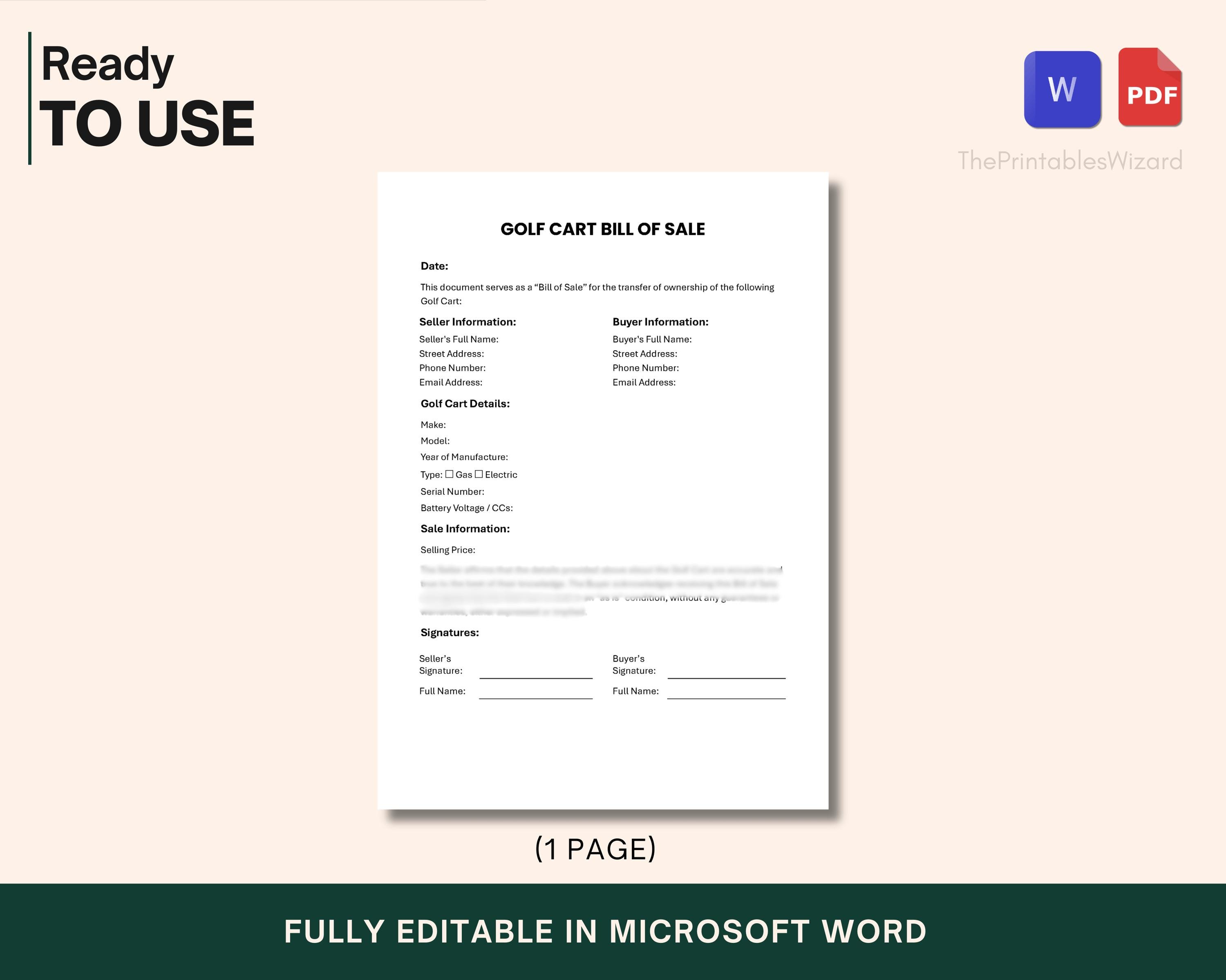 Editable Golf Cart Bill of Sale Template | Printable PDF & Word | Easy ...