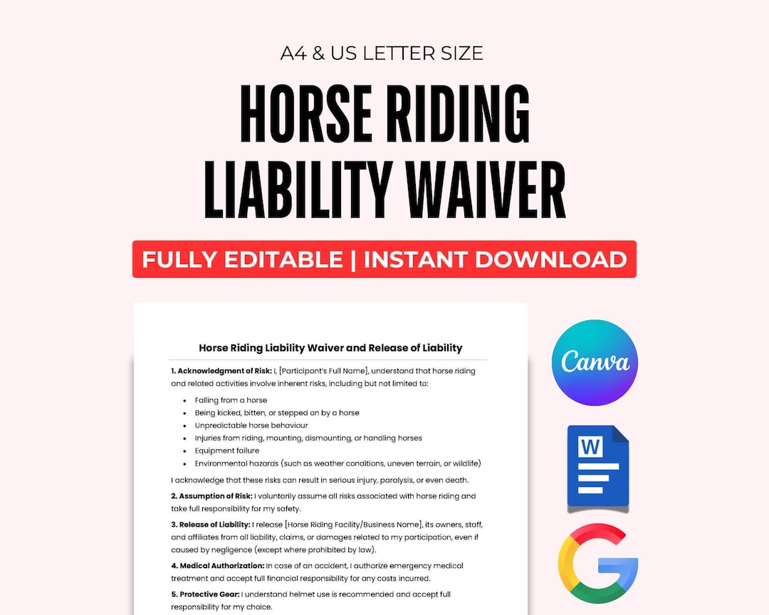 Editable Horse Riding Release Template, Equestrian & Equine Liability ...