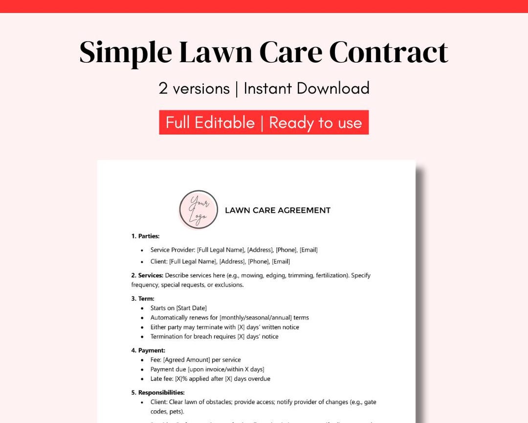 Simple Editable Lawn Care Agreement Template | One Page Landscaping and ...