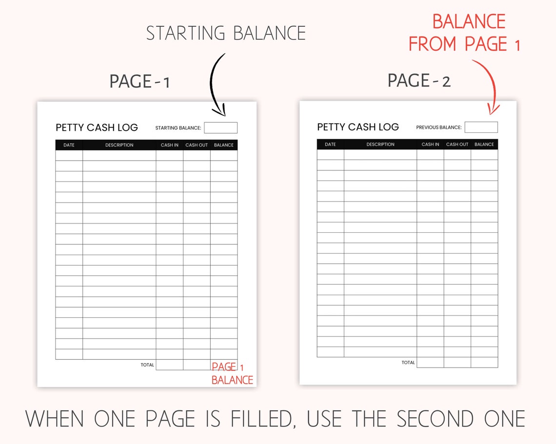 Petty Cash Log. Printable and Fillable PDF Template. - Etsy