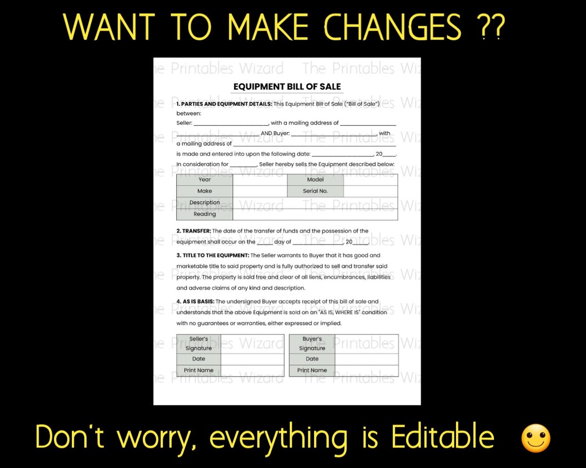 Equipment Bill of Sale Template / Agreement / Contract. Printable PDF ...